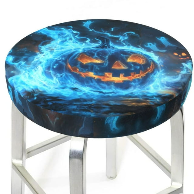 Bar Stool Covers Round, Halloween Pumpkin Ghost Blue Flame Bar Stool ...
