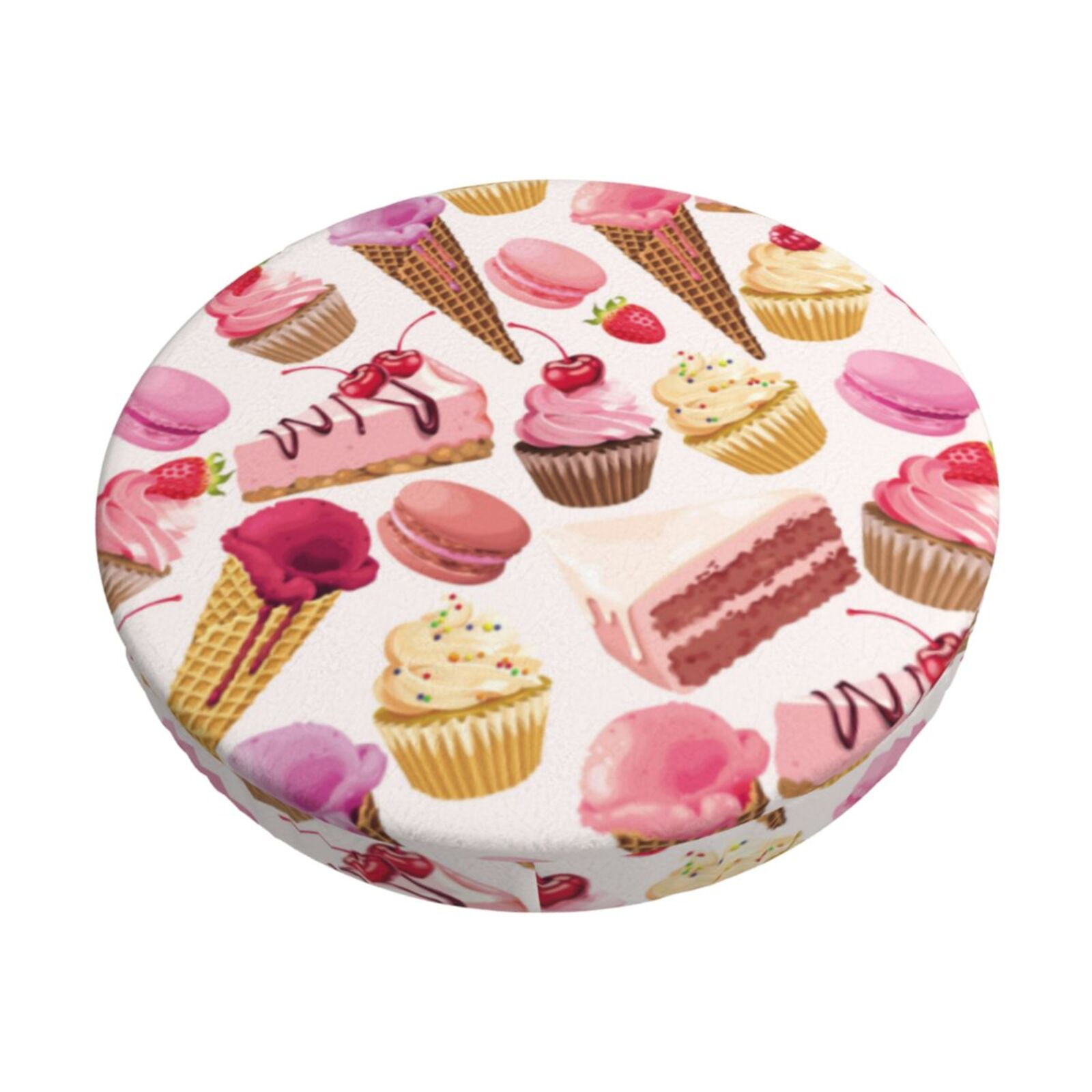 Bar Stool Covers Round, Ice Cream Cake Print Pink Bar Stool Cushion ...