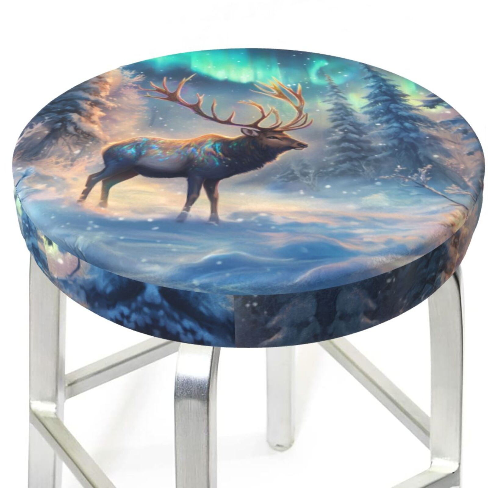 Bar Stool Covers Round, Northern Lights Winter Elk Washable Round Seat ...