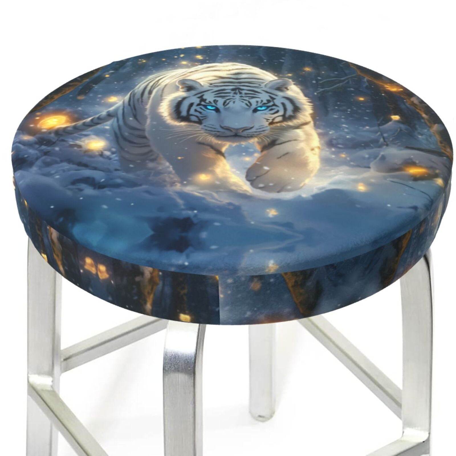 Bar Stool Covers Round, Prowling White Tiger Snow Bar Stool Cushion ...