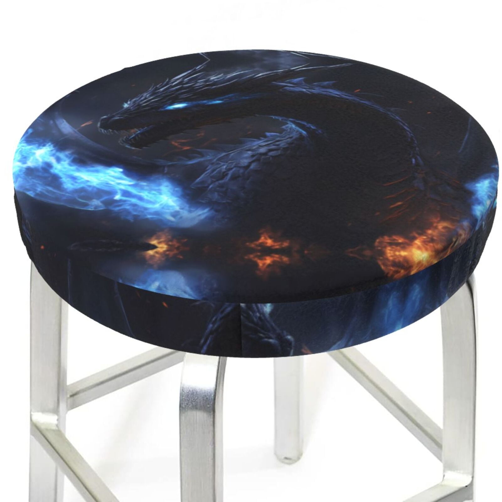 Bar Stool Covers Round, Red and Blue Flame Black Dragon Bar Stool ...