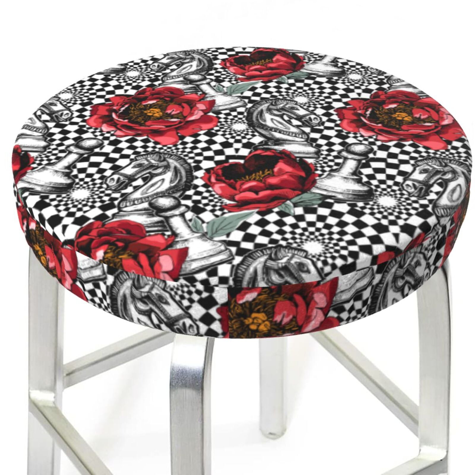 Bar Stool Covers Round, Red Peony Knight Chess checkered Bar Stool ...