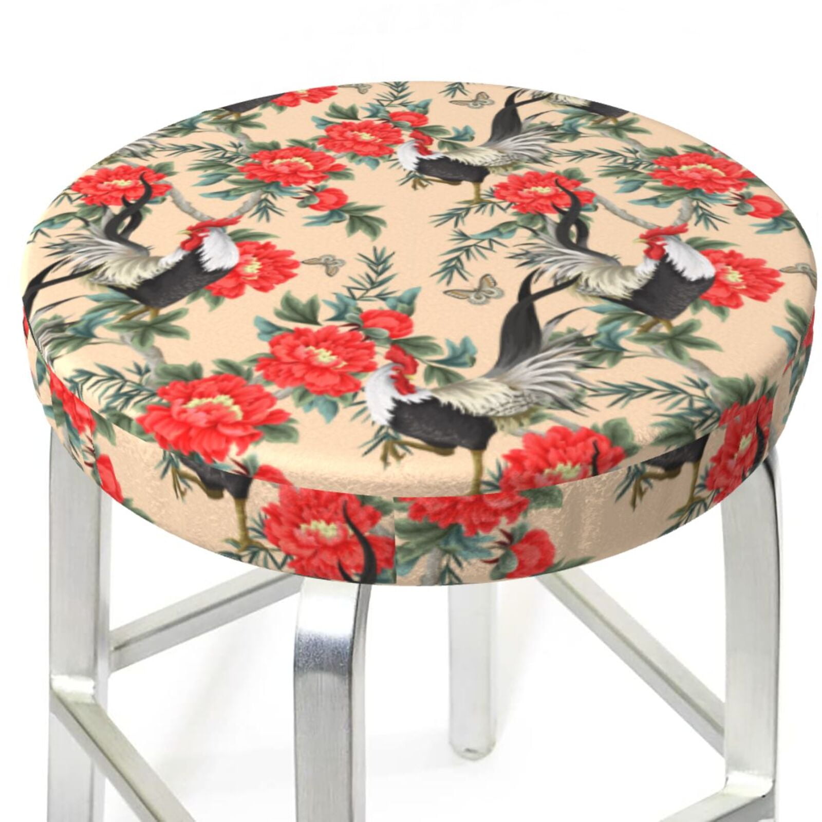 Bar Stool Covers Round, Roosters And Peonies Flowers Bar Stool Cushion ...