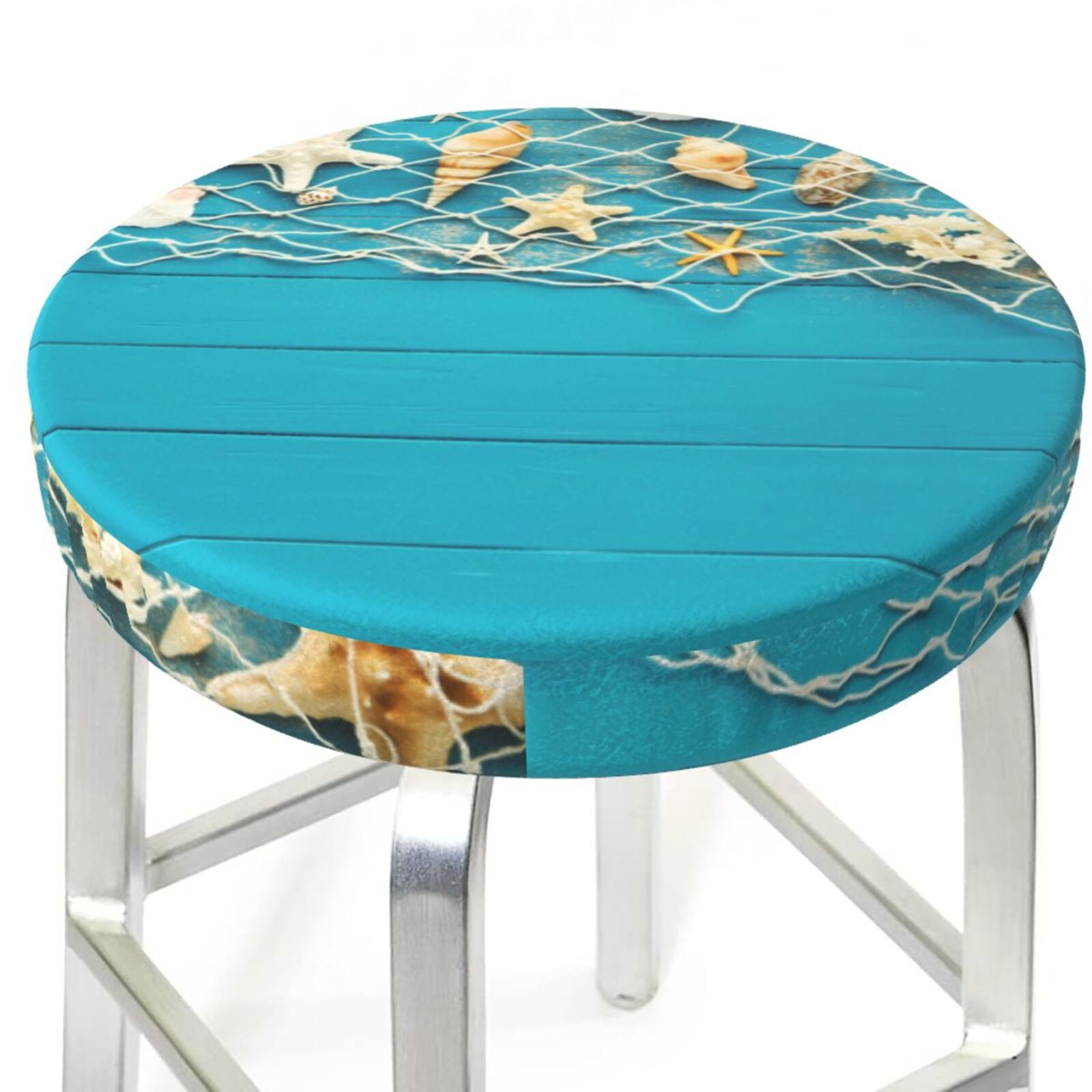 Bar Stool Covers Round, Seashells And Fishing Net On Blue Wooden Table ...