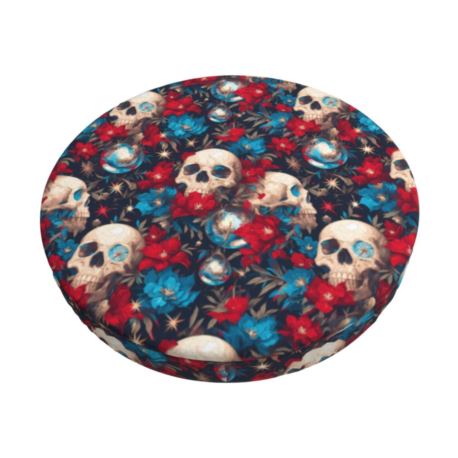 Bar Stool Covers Round, Skull Red Flower Blue Bar Stool Cushion Covers ...