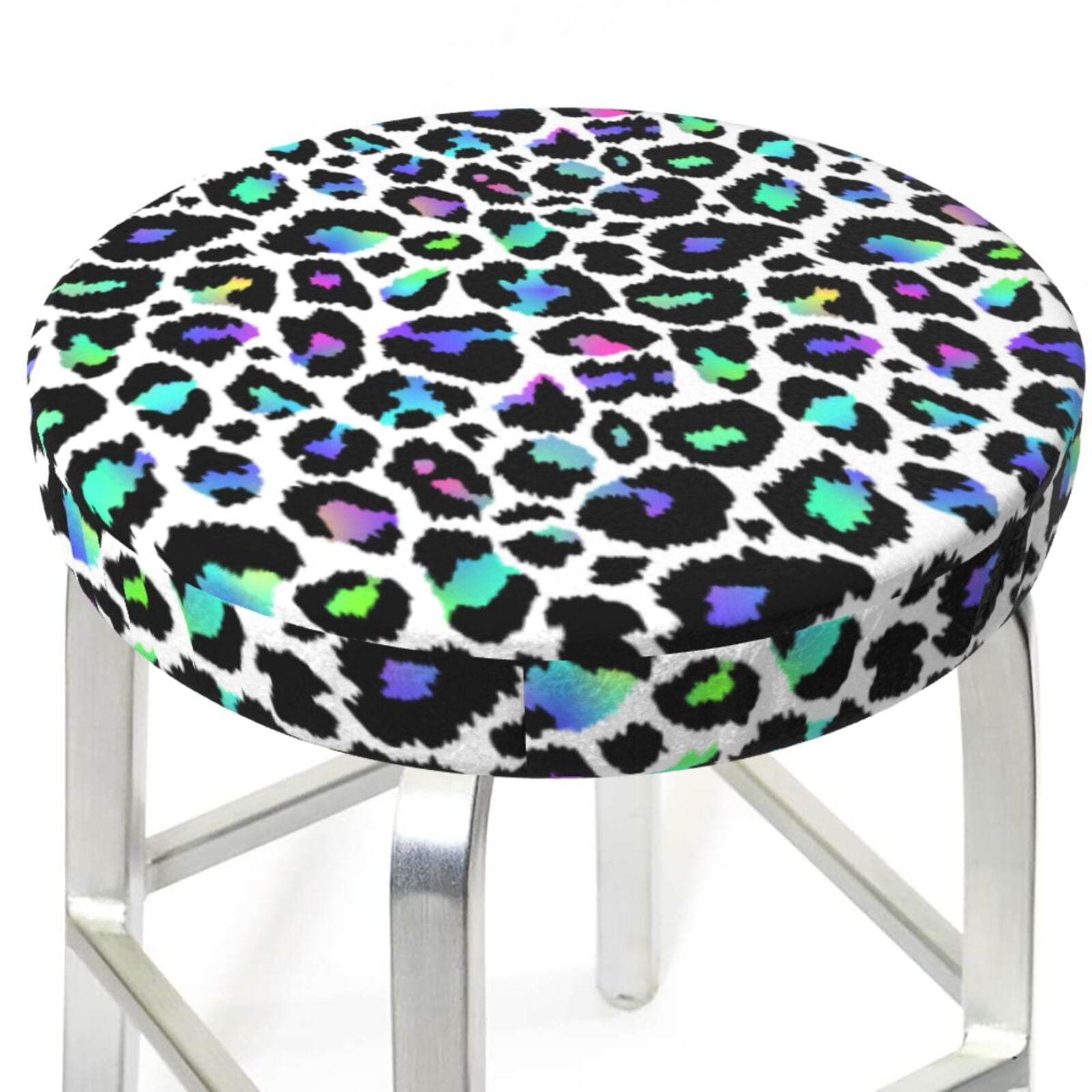 Bar Stool Covers Round, Trendy black rainbow Leopard Bar Stool Cushion ...