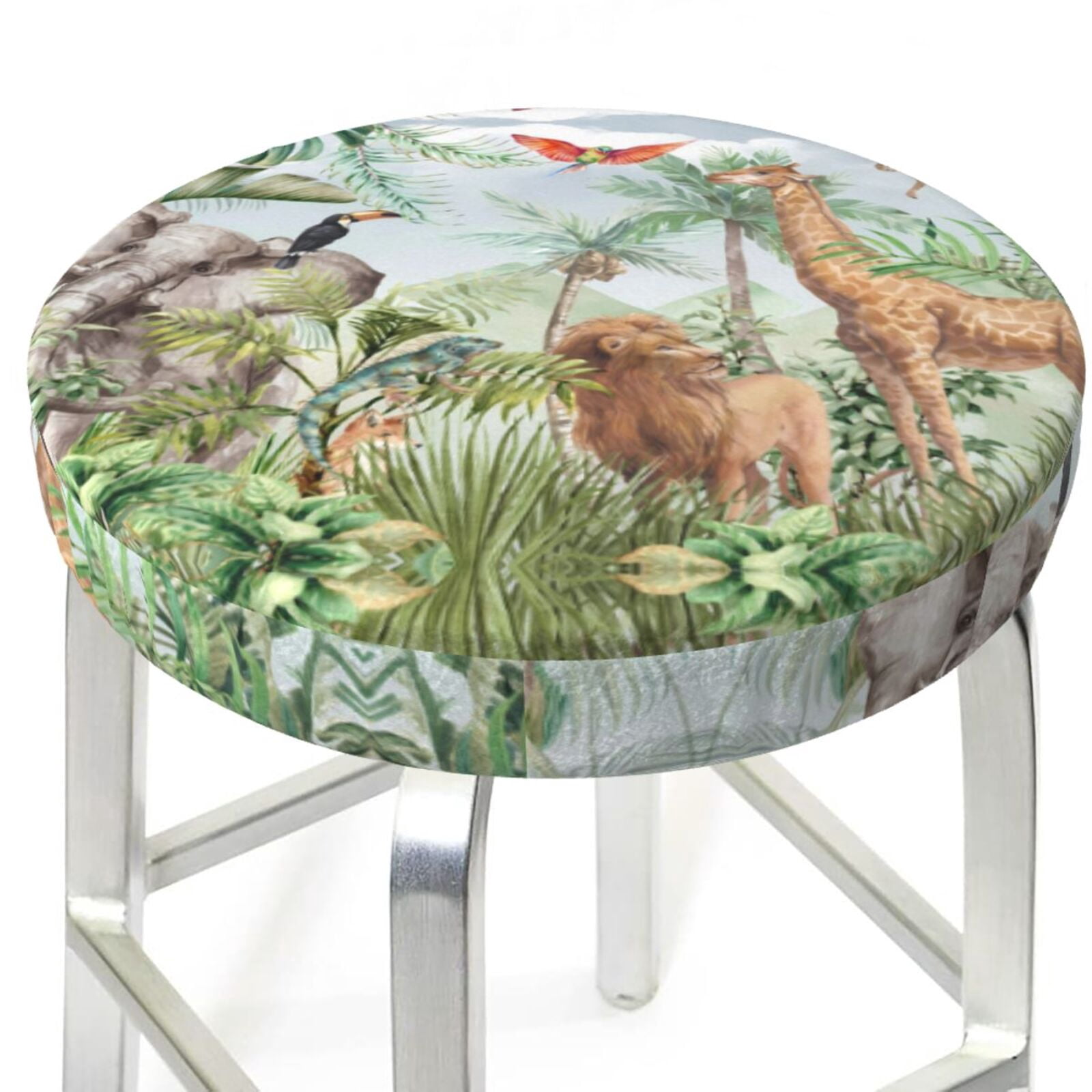 Bar Stool Covers Round, Watercolor African Animals Wildlife Bar Stool ...