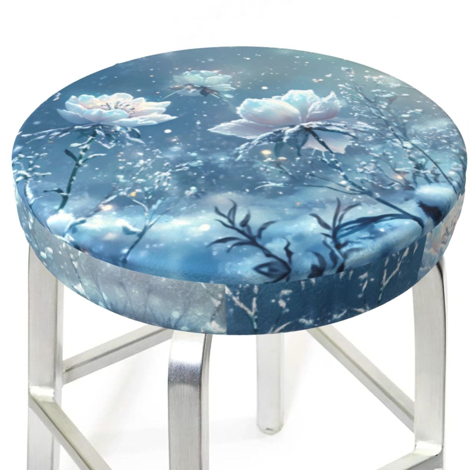 Bar Stool Covers Round, Winter snowy night flowers Bar Stool Cushion ...