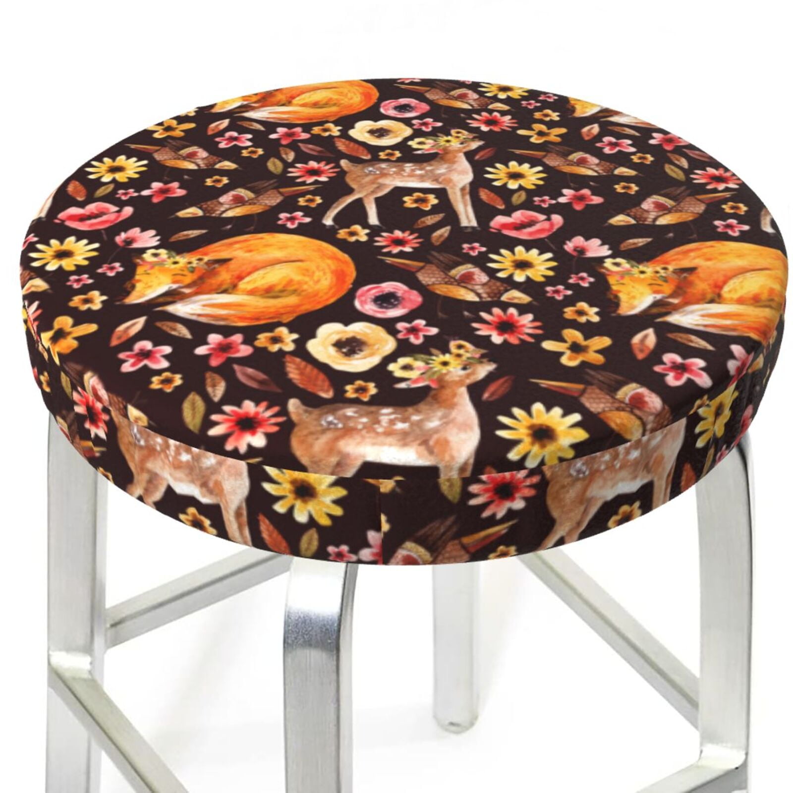 Bar Stool Covers Round, Woodland Creatures Floral Bar Stool Cushion ...