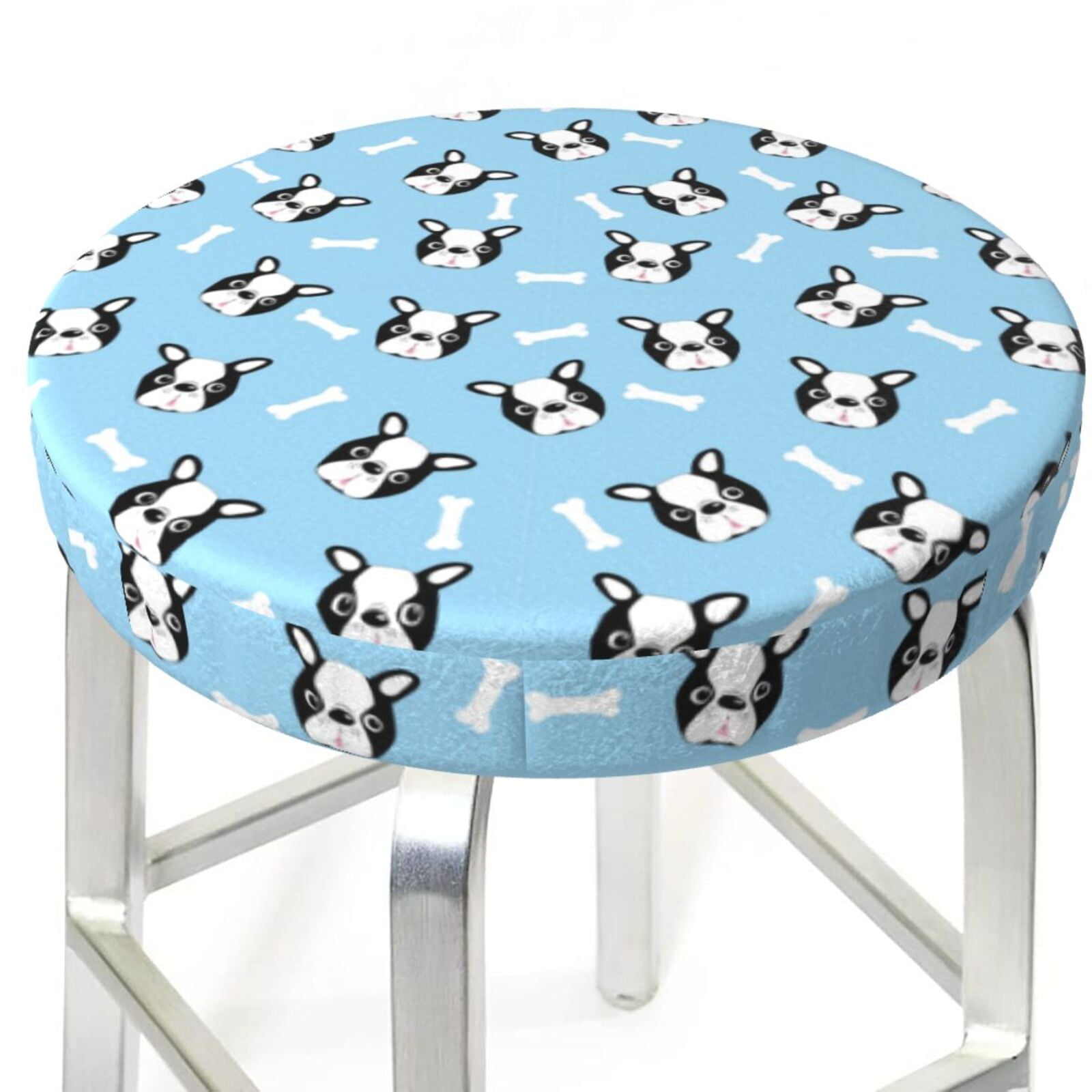 Bar Stool Covers Round, cute Boston Terrier dog bone blue Bar Stool ...