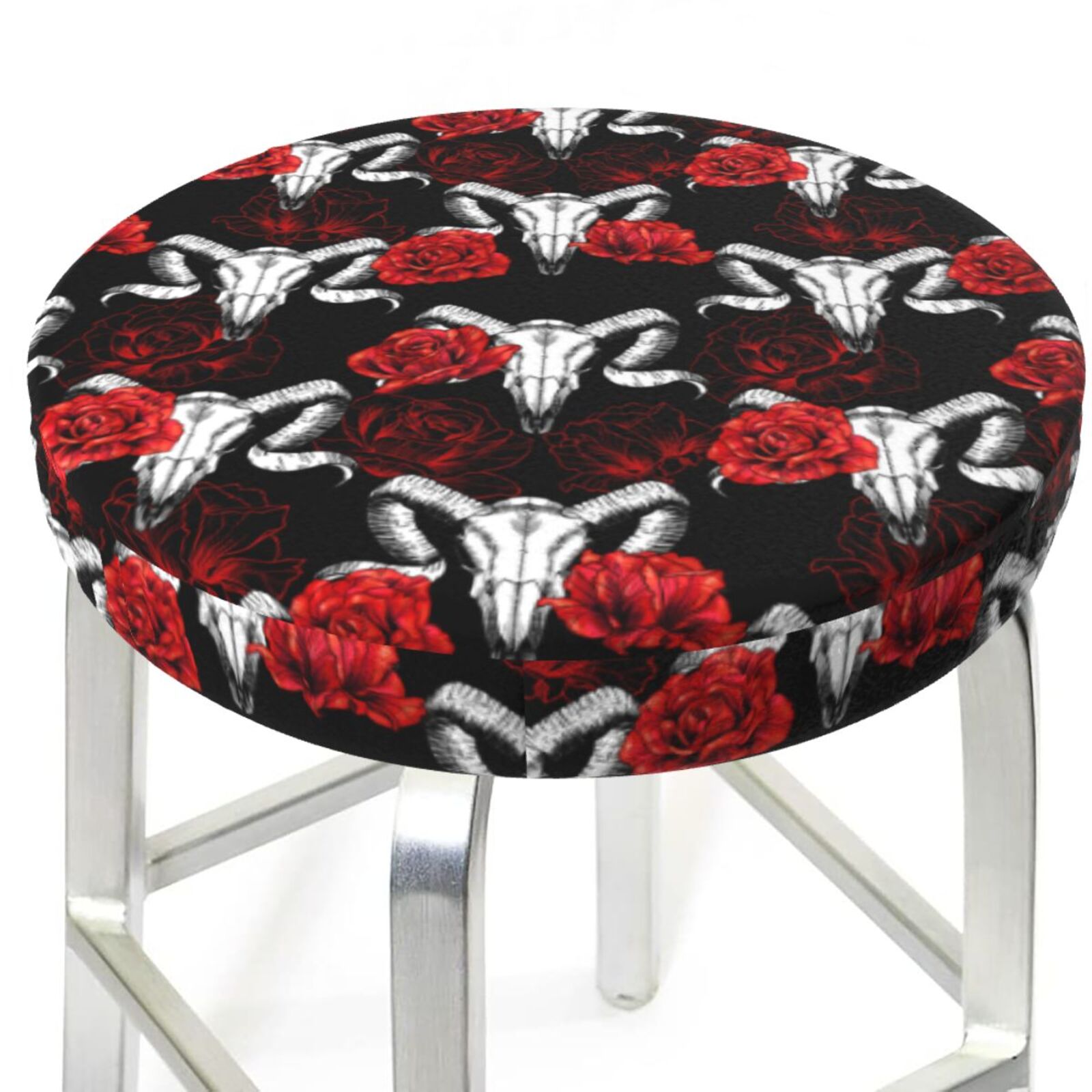 Bar Stool Covers Round, goat skull red roses black cool Bar Stool ...