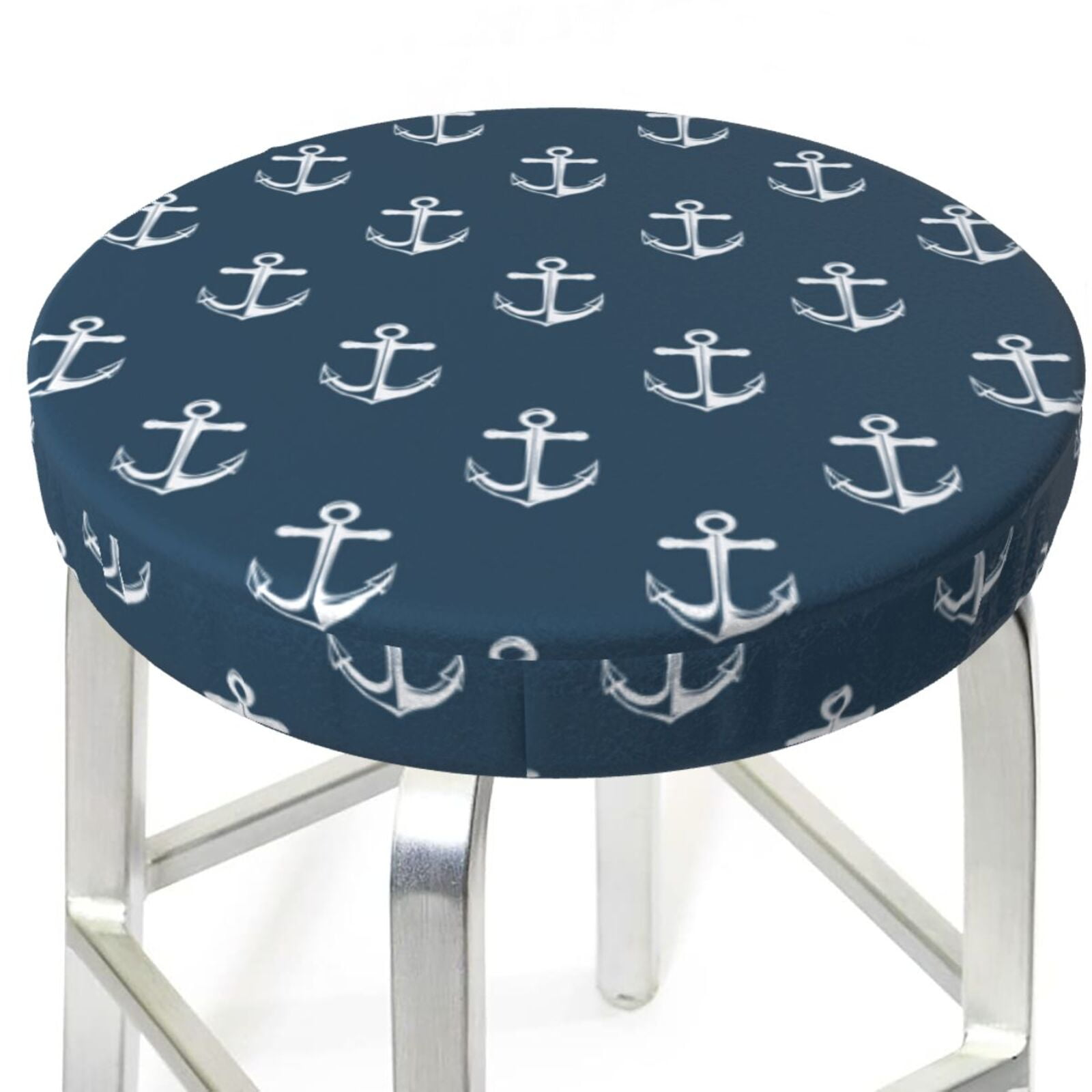 Bar Stool Covers Round, white Anchor navyblue vintage Washable Round ...