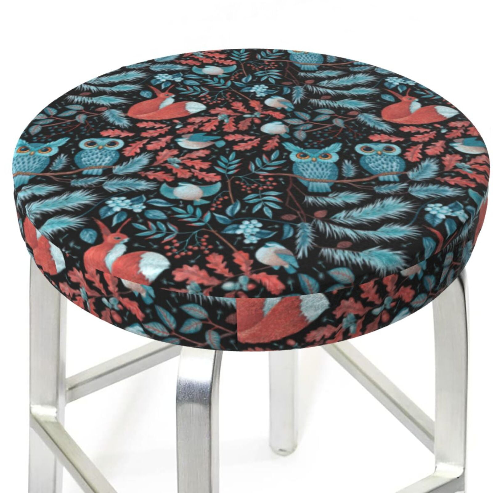 Bar Stool Covers - Squirrel Owl Autumn Maple Leaves Stretch Round Seat ...