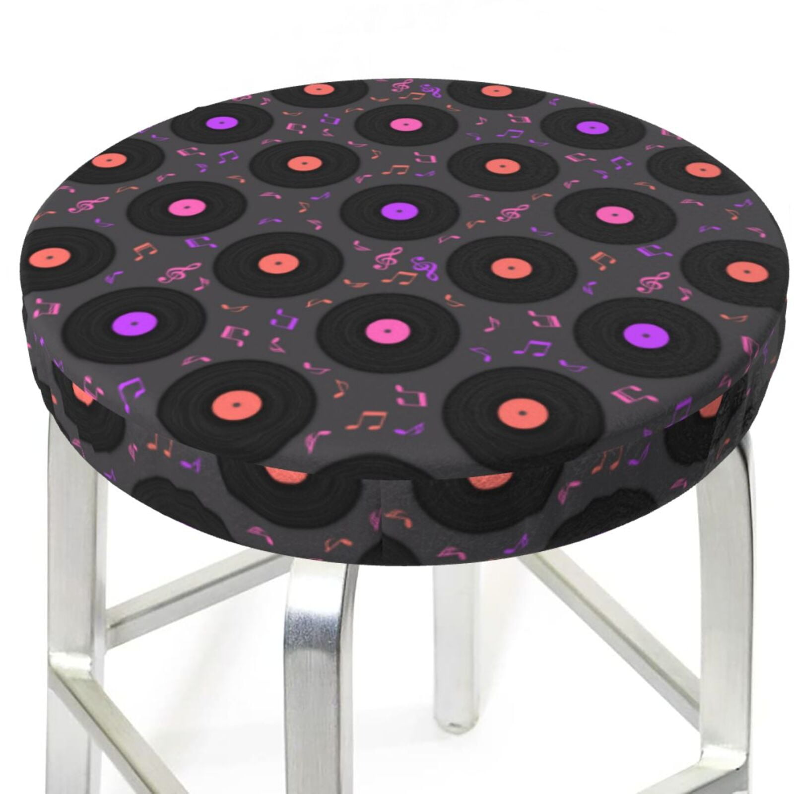 Bar Stool Covers - Vinyl Records Musical Notes Stretch Round Seat ...