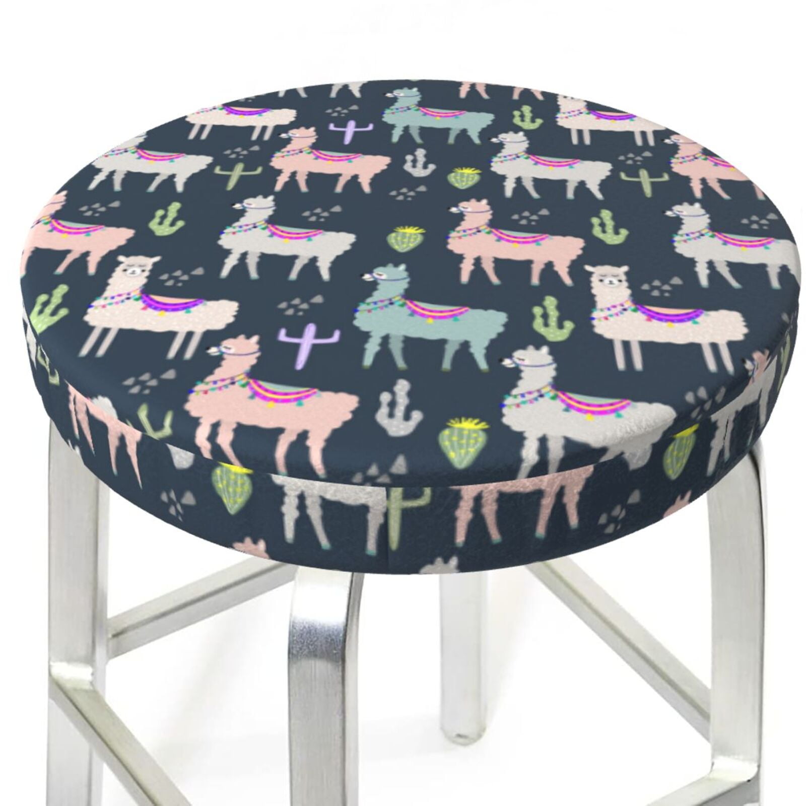 Bar Stool Covers - alpacas llama cactus navyblue Stretch Round Seat ...