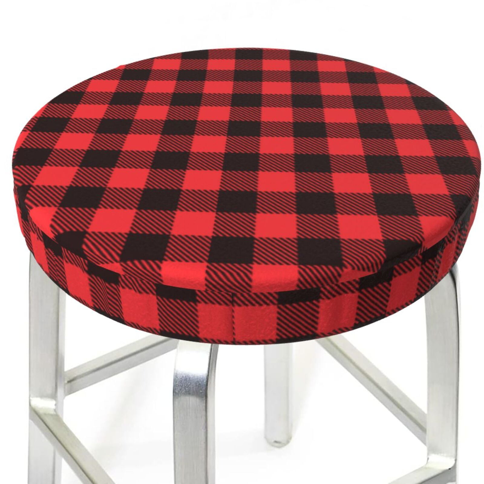 Bar Stool Covers - black red buffalo plaid Checkered Stretch Round Seat ...