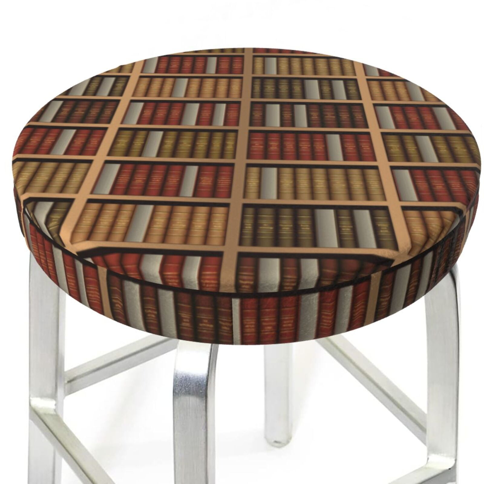 Bar Stool Covers - bright bookcase bookshelf print Stretch Round Seat ...