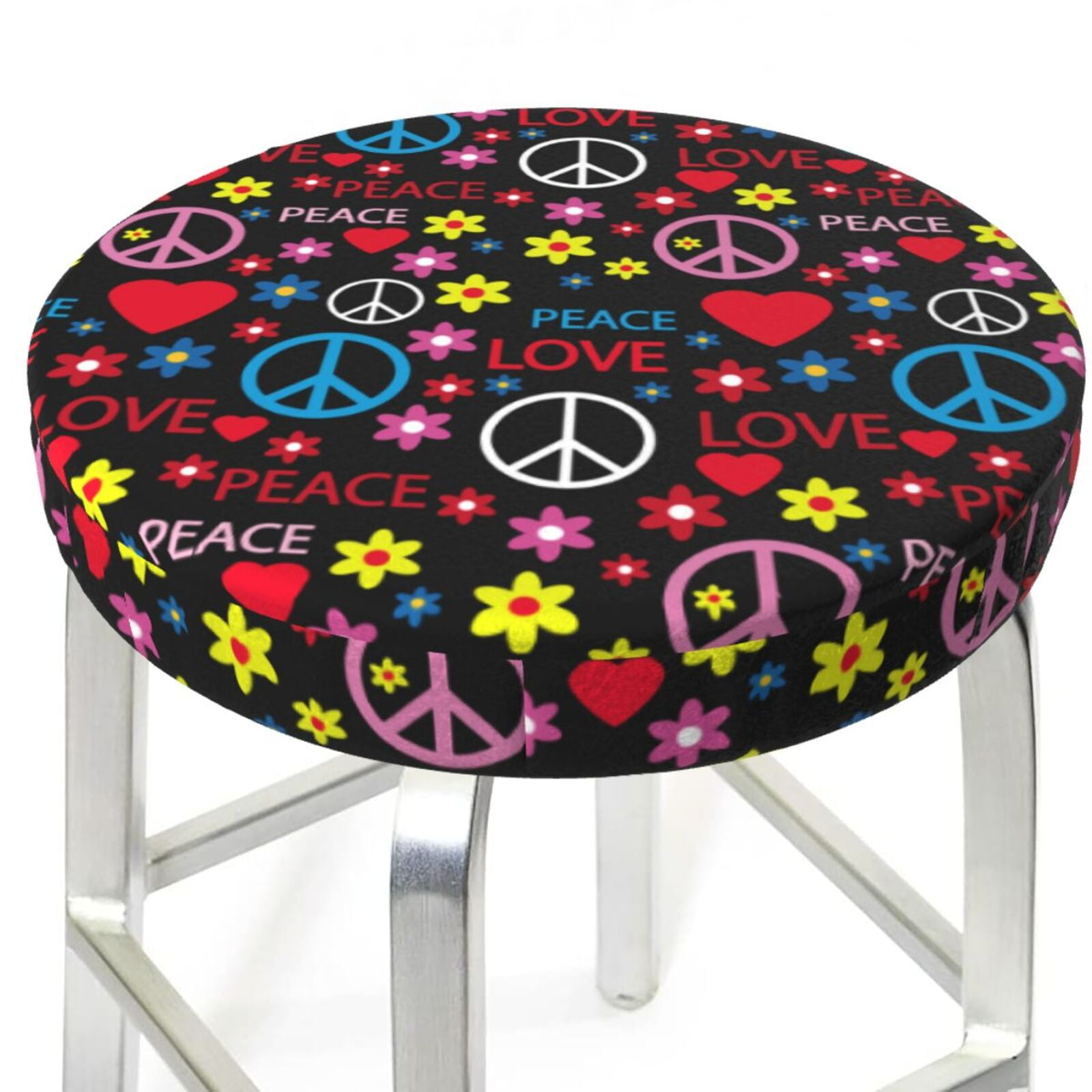 Bar Stool Covers - colorful flower hearts peace sign Stretch Round Seat ...
