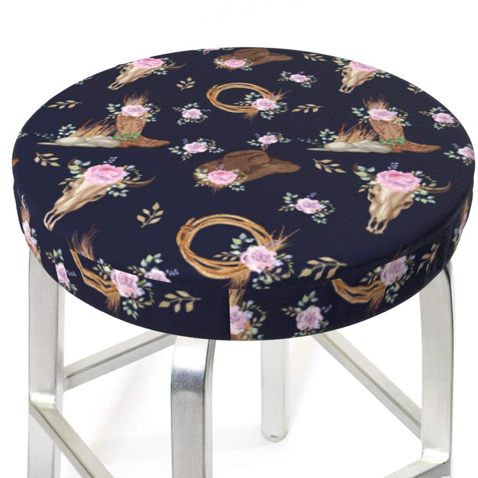 Bar Stool Covers - cow skulls cowgirl flowers Stretch Round Seat Covers ...