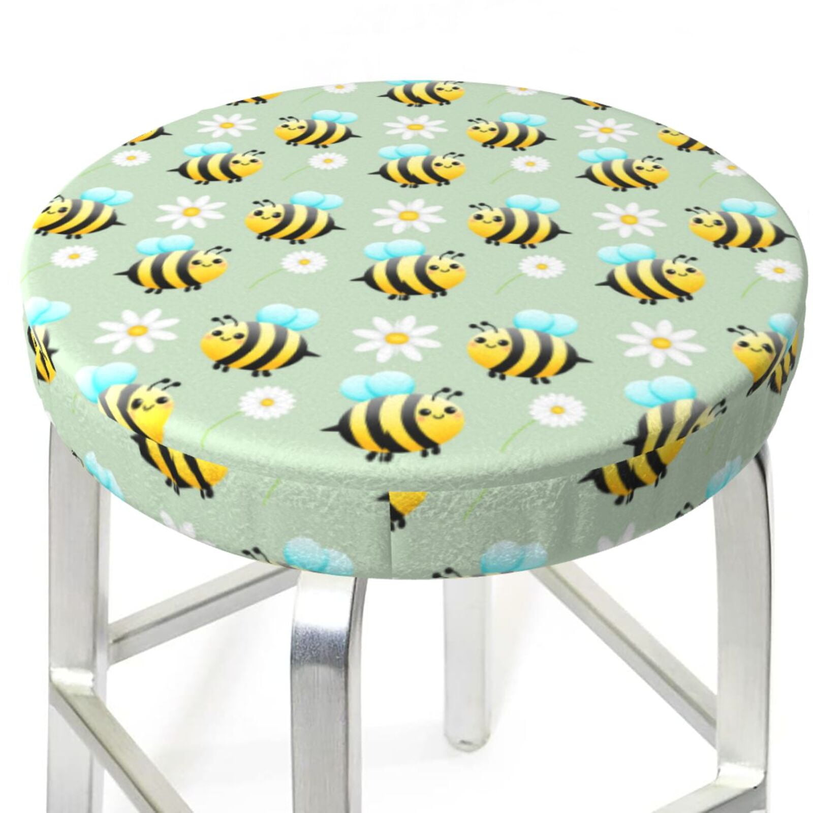 Bar Stool Covers - cute Bees daisy flowers green Stretch Round Seat ...
