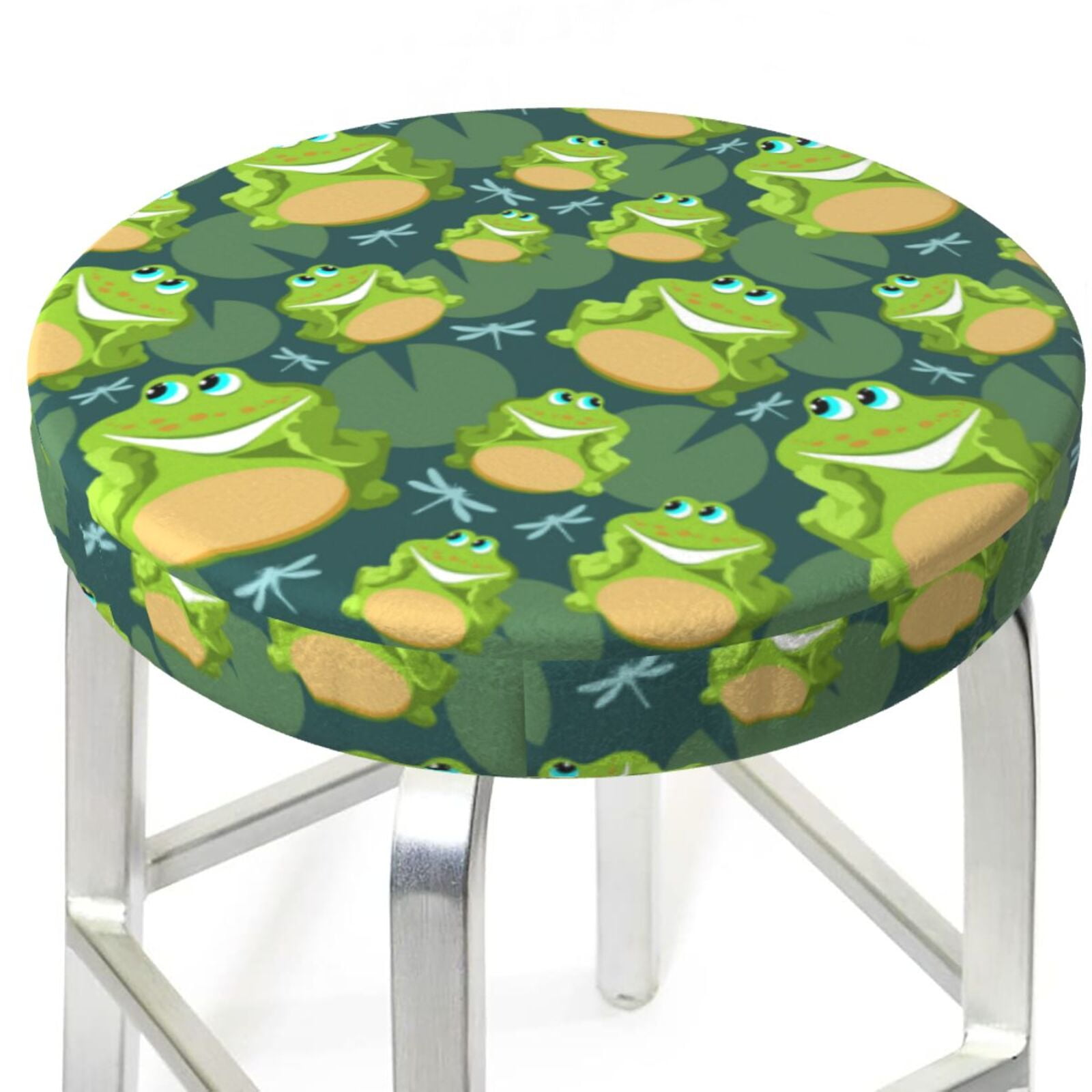 Bar Stool Covers - cute frogs dragonfly leaves green Stretch Round Seat ...