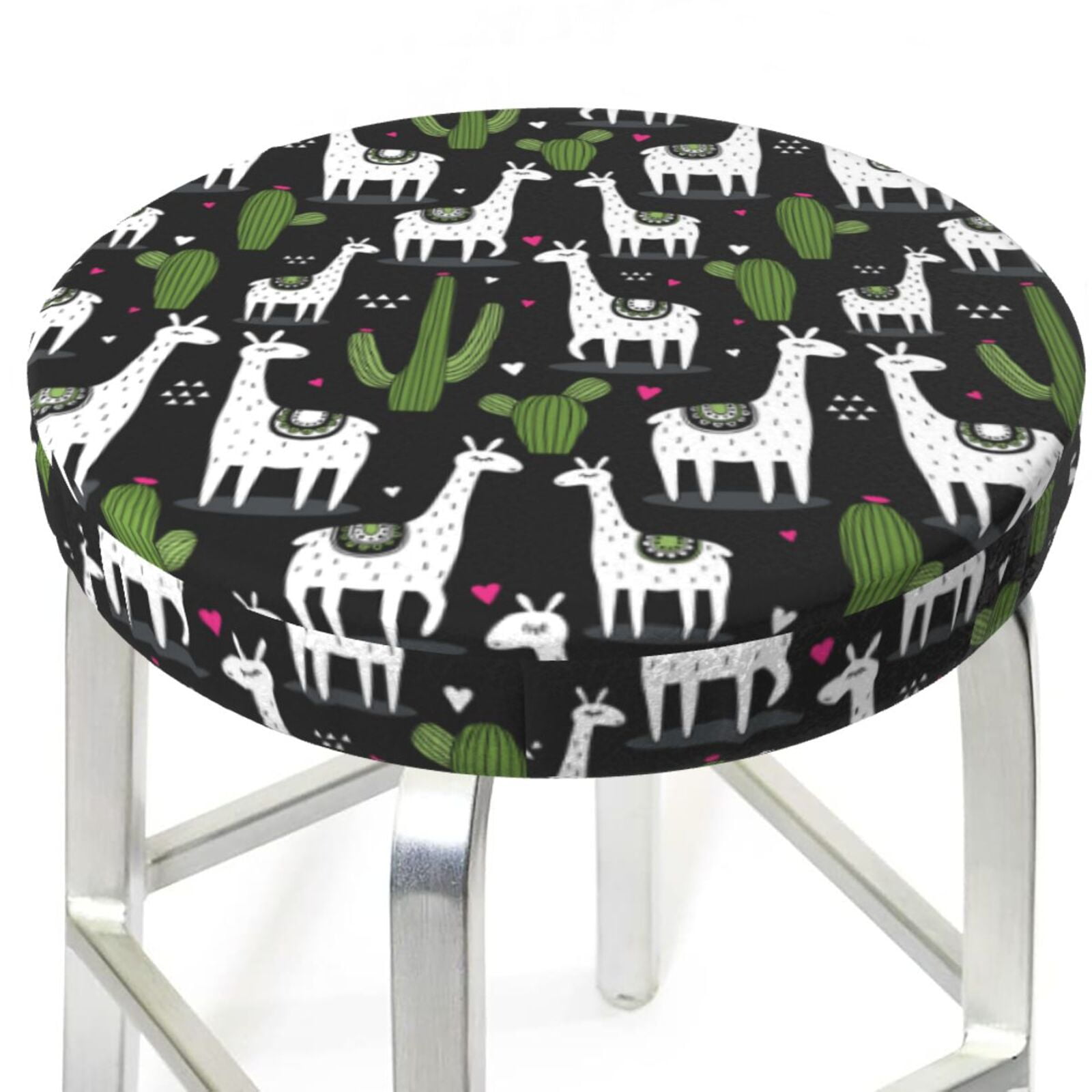 Bar Stool Covers - llama alpaca cactus heart black Stretch Round Seat ...