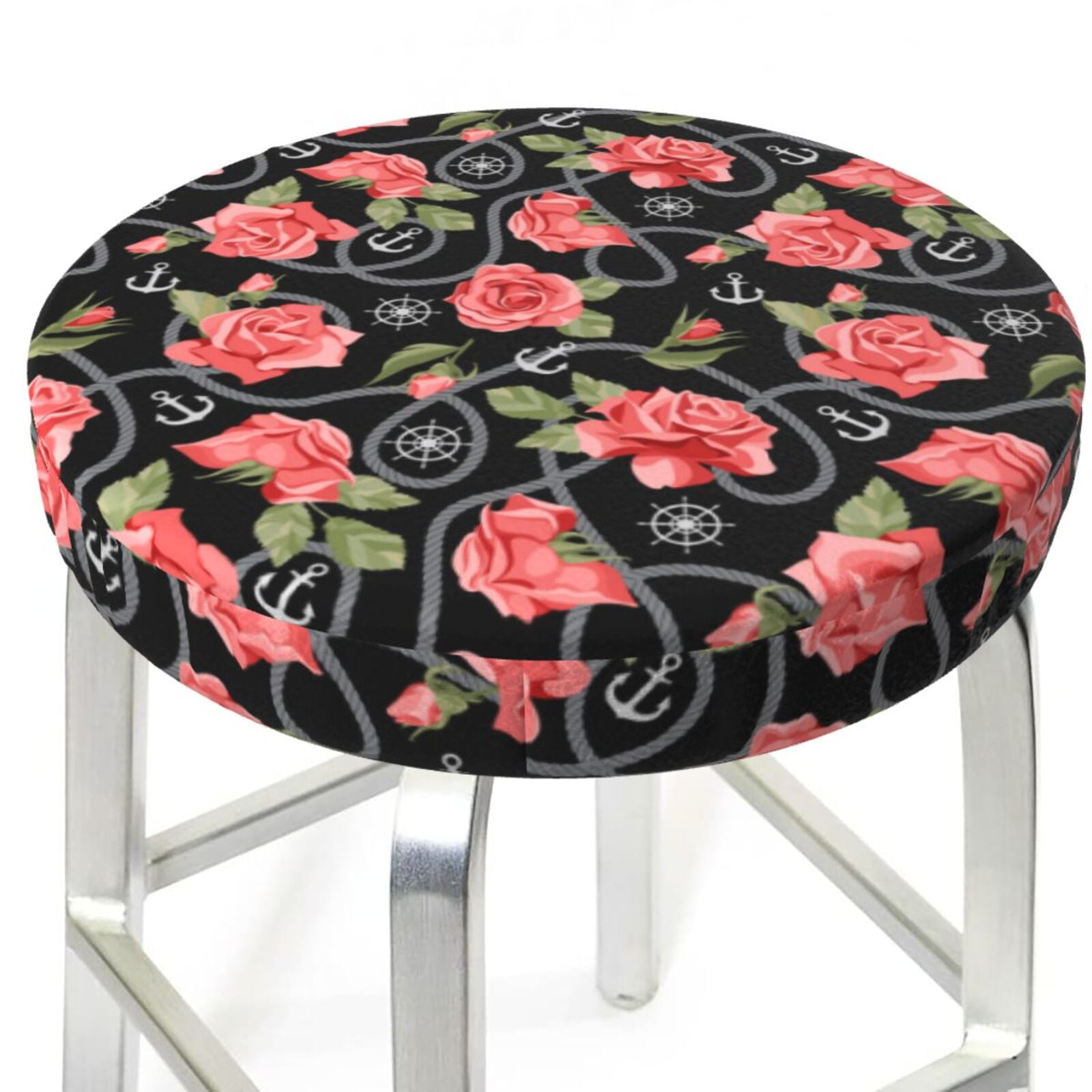 Bar Stool Covers - trendy red roses anchor black Stretch Round Seat Covers with Elastic Bands ...