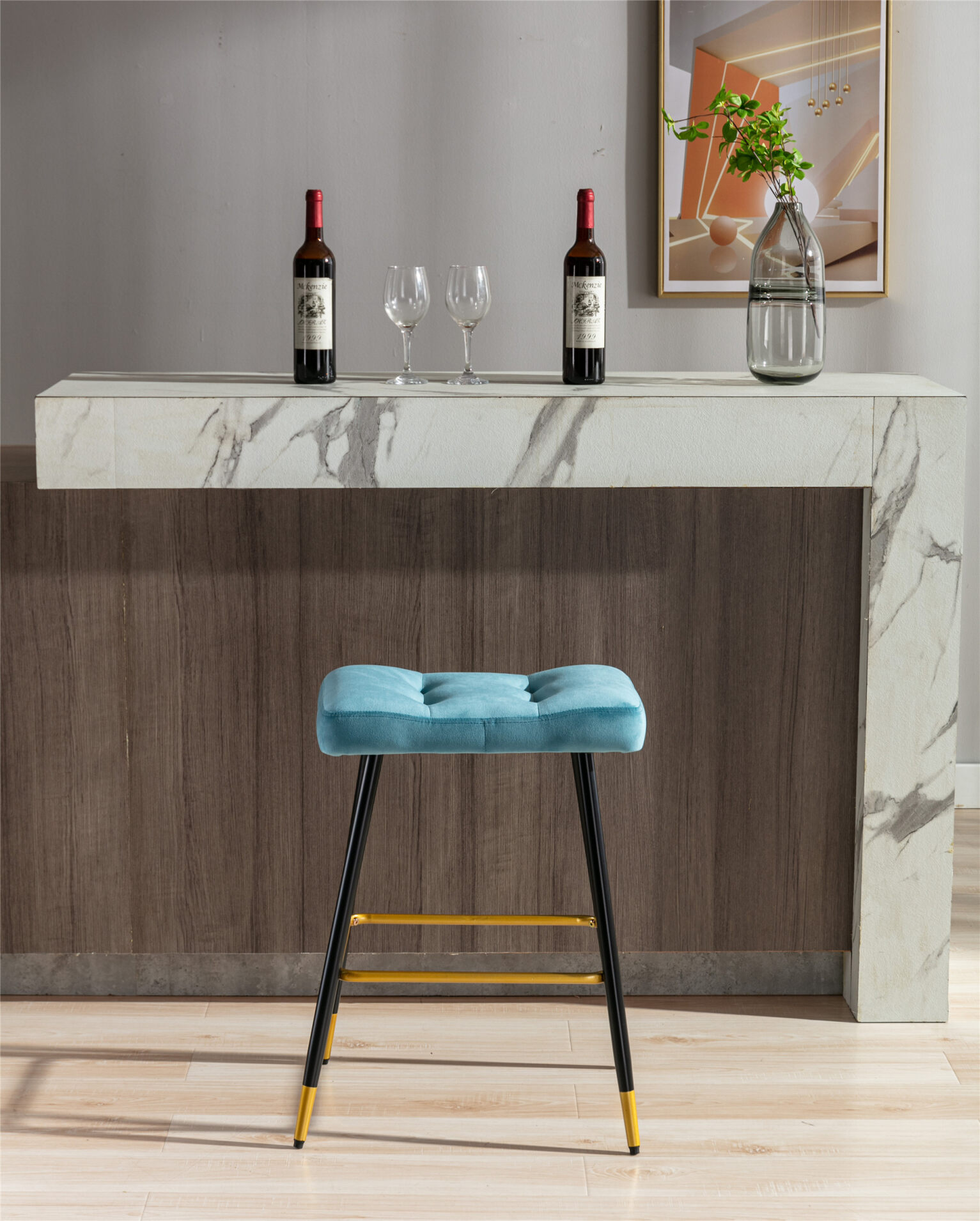 Bar Stool with Footrest, Comfy Backless Velvet Upholstered Counter ...