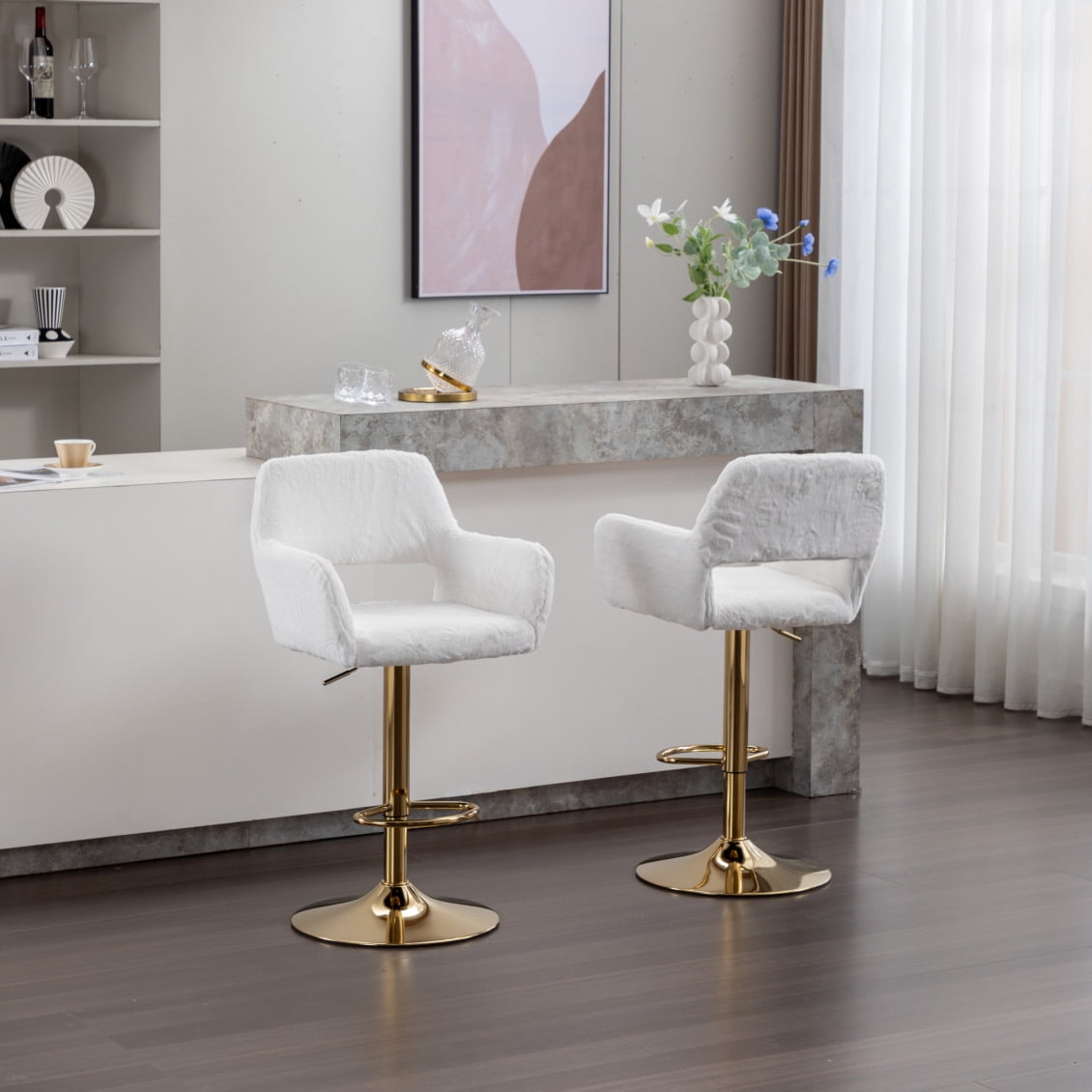 Bar Stool Set of 2, Faux Fur Bar Stool With Hollowed-Out Braces ...