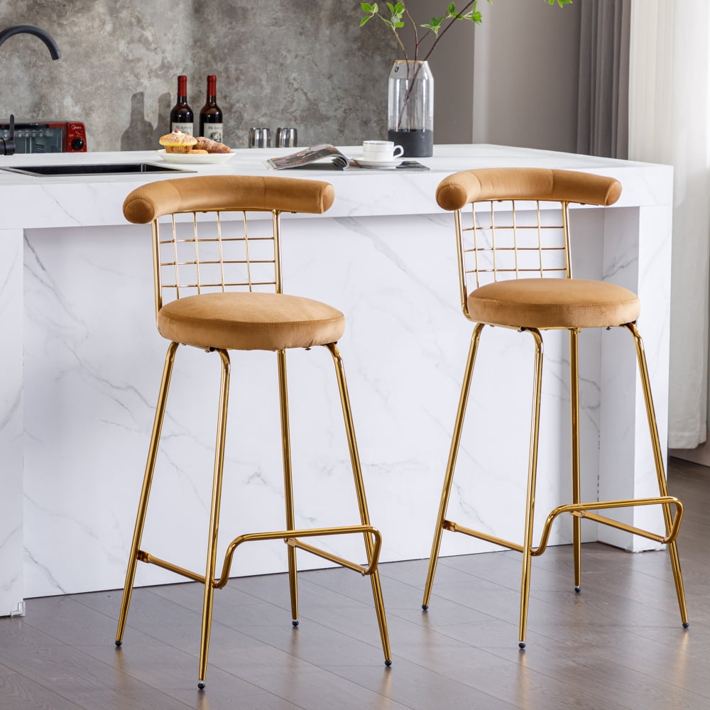 Bar Stool Set of 2, Velvet Upholstered Counter Height Bar Chairs with ...