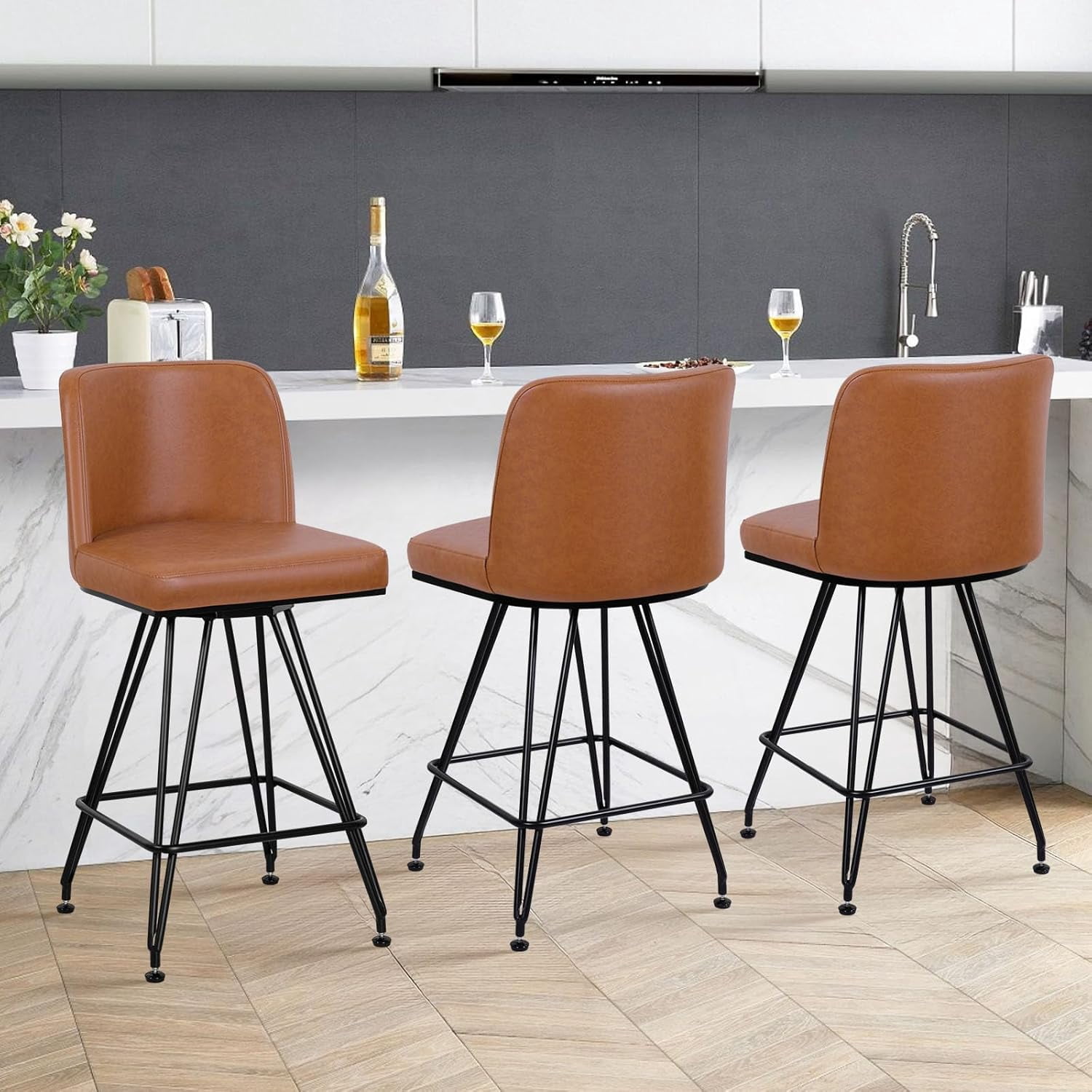 Bar Stools 26" Swivel Counter Height Bar Stools with Back Faux Leather ...