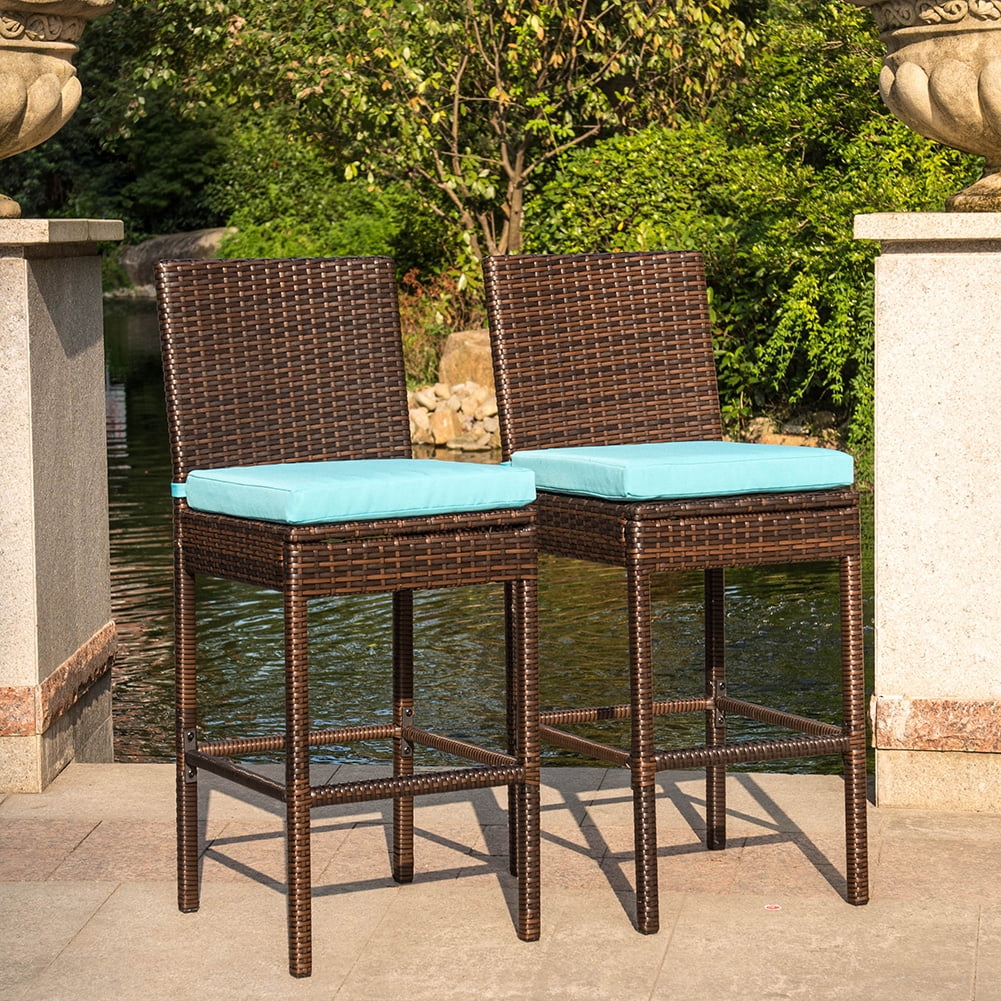 Patio Rattan Bar Stools 30'' Height, Set of 2 Outdoor Chairs with Blue ...