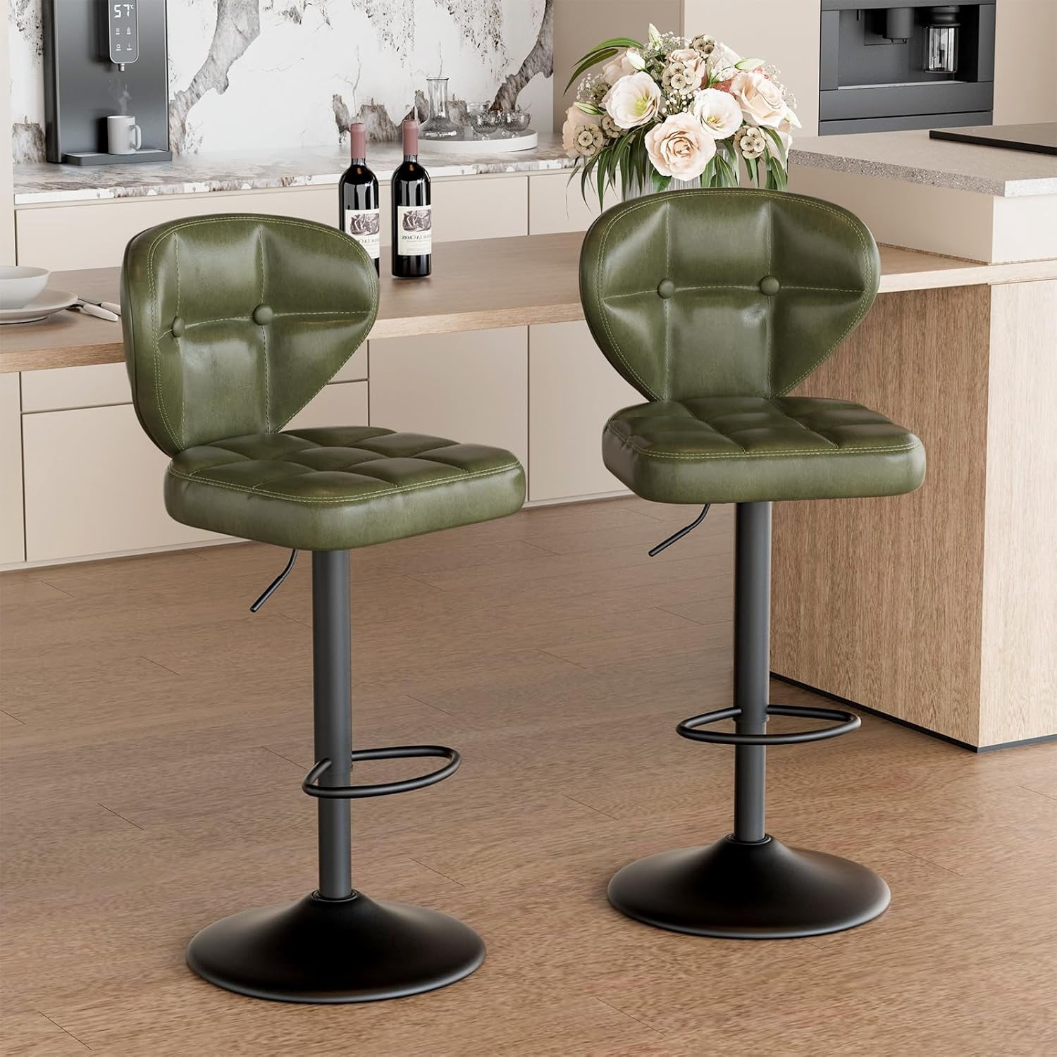 Bar Stools | Adjustable PU Leather Upholstered Swivel Bar Chairs ...