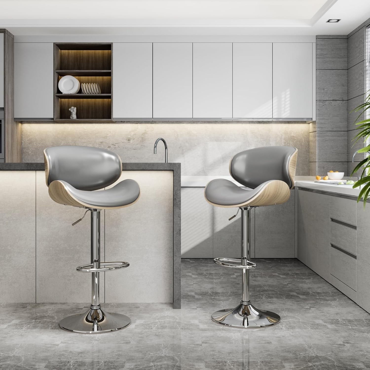 Adjustable Swivel Bar Stools Set of 2, PU Leather Upholstered, Counter ...