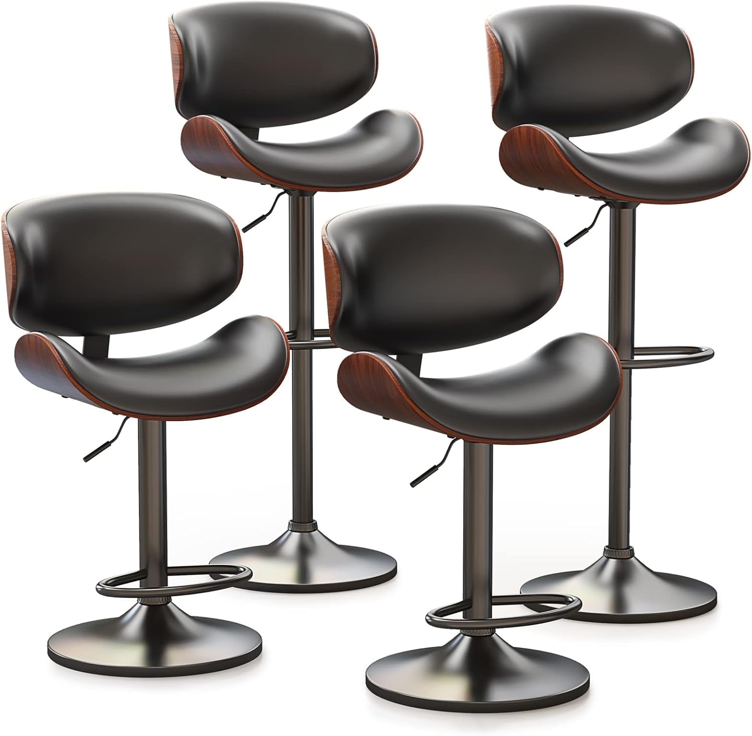 Set of 4, Adjustable Swivel Barstools with Back, PU Leather Upholstered ...