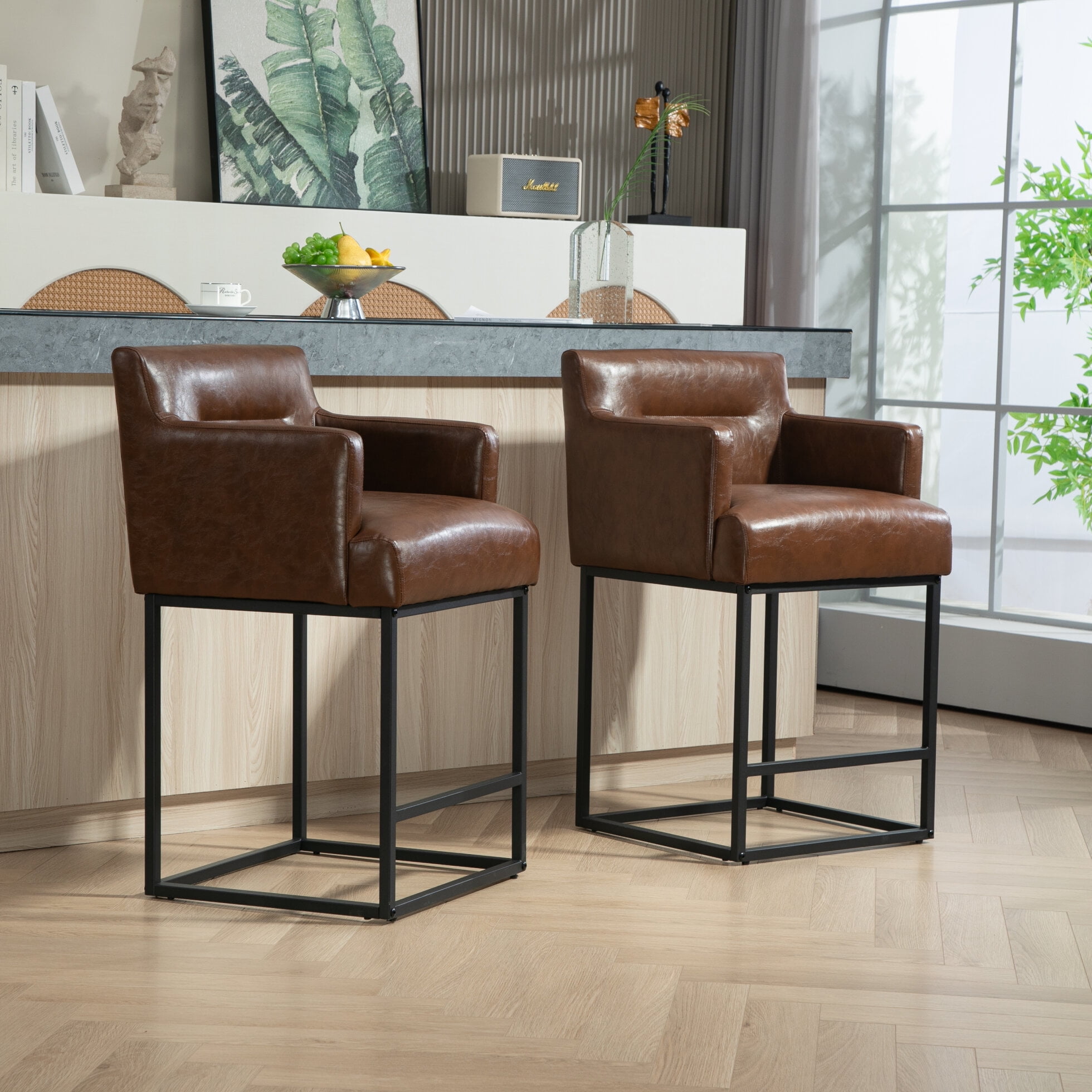 Bar Stools with Back Sets of 2, 26 Inch PU Leather Counter Height ...