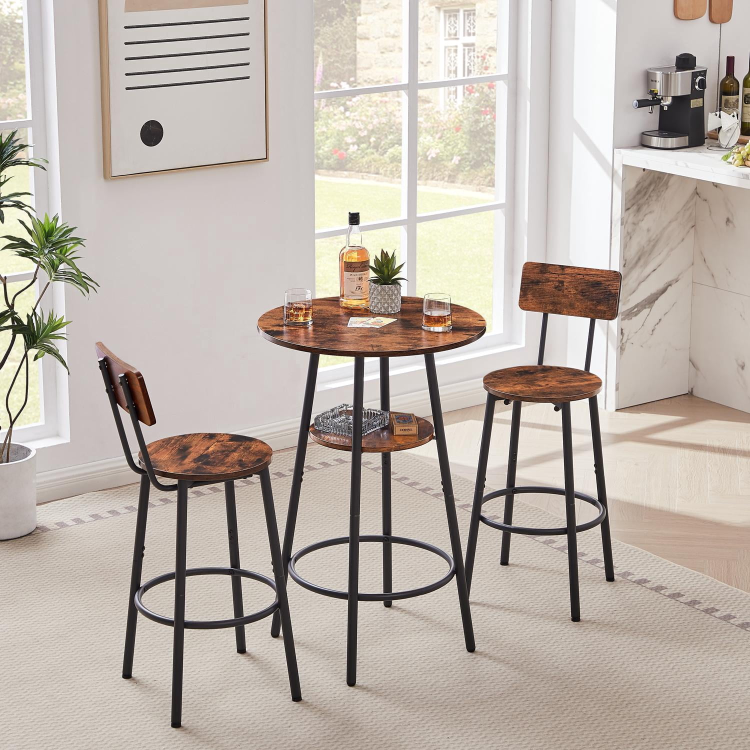 Bar Stools, Bar Table Set, Pub Set 3 Piece With Shelves Backrest ...