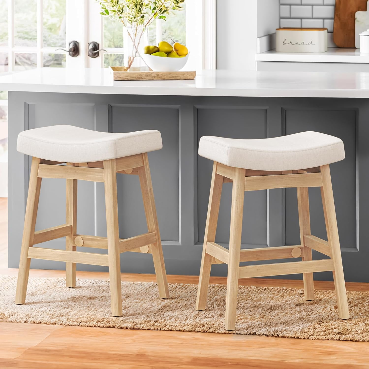 Bar Stools Barstools with Sturdy Wood Legs Saddle Seat Counter Height ...
