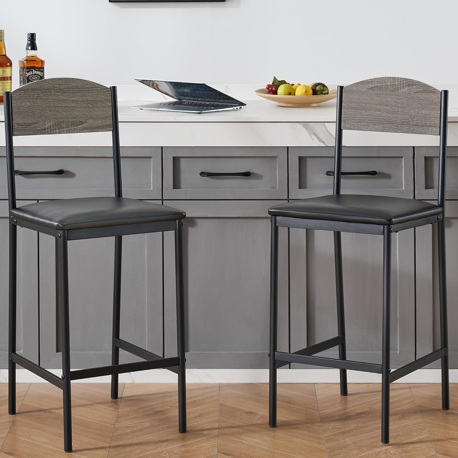 Bar Stools, Counter Height Bar Stools with Back and Footrest, PU ...