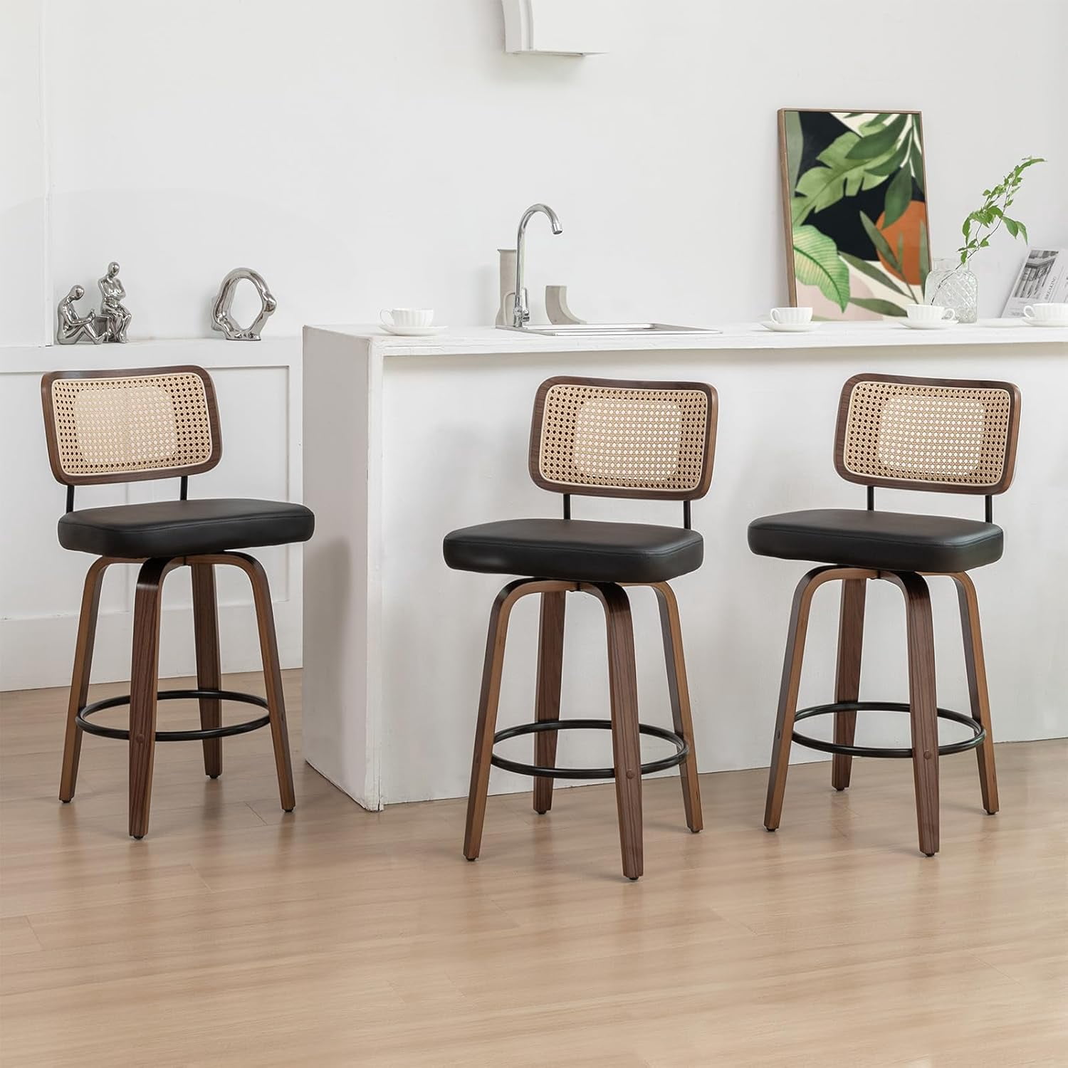 Bar Stools Set of 2-26.4 inch Rattan Swivel Bar Stools with Curved Back ...