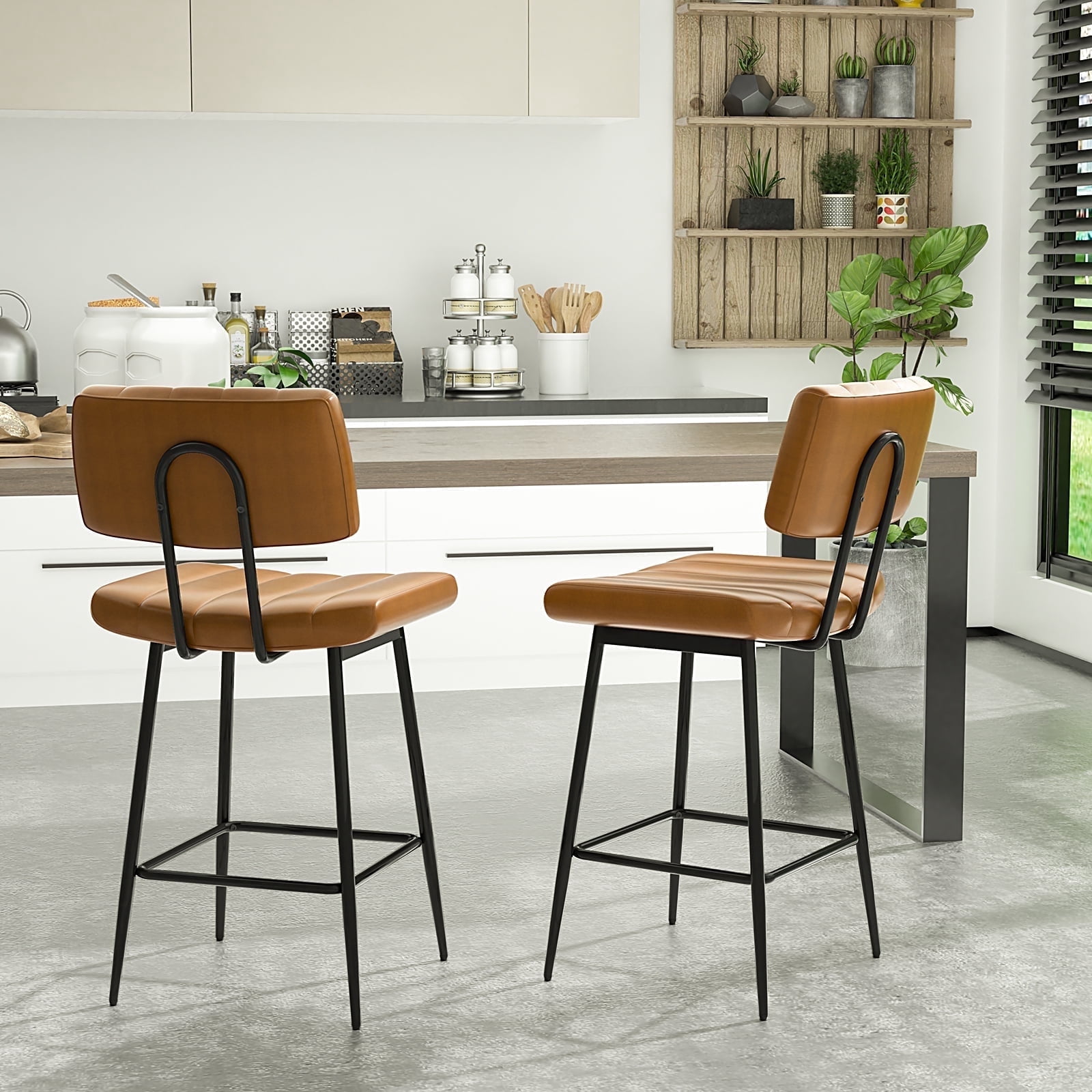 TAKSCO Counter Height Bar Stools Set of 2, PU Leather 26" Kitchen ...