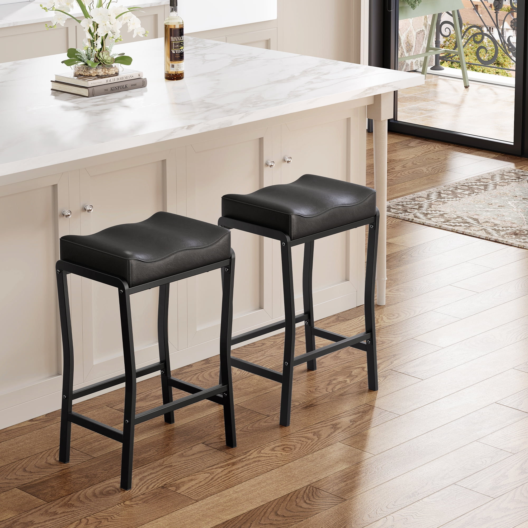 Bar Stools Set of 2, 26 Inch Counter Height Bar Stools, Modern Saddle ...