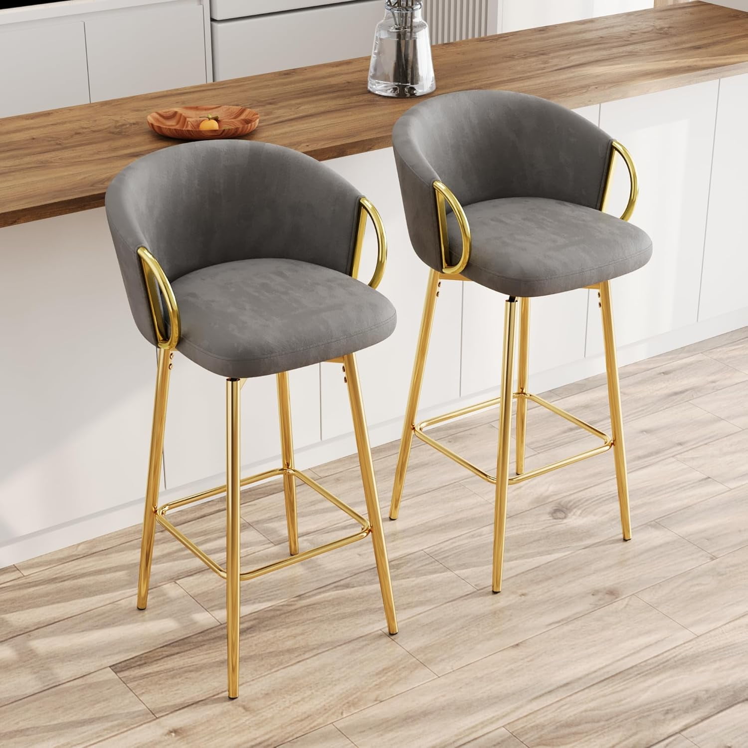 Bar Stools Set of 2, 26'' Velvet Modern Bar Chairs, 360 Degree Swivel ...