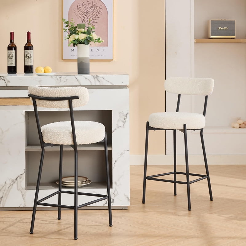 Bar Stools Set of 2, 27 Inches Boucle Counter Height Bar Stools, White ...