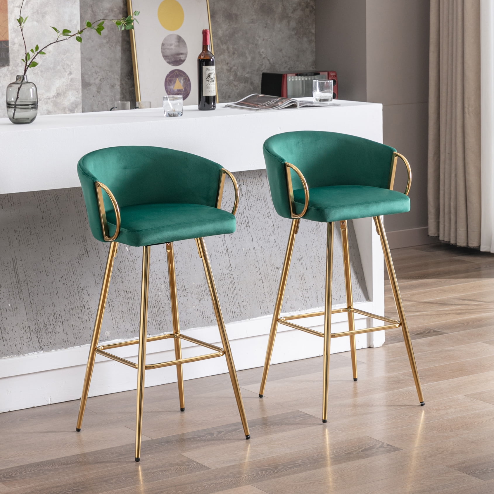 Bar Stools Set of 2, 35" Velvet Counter Height Stools with Backrest and ...