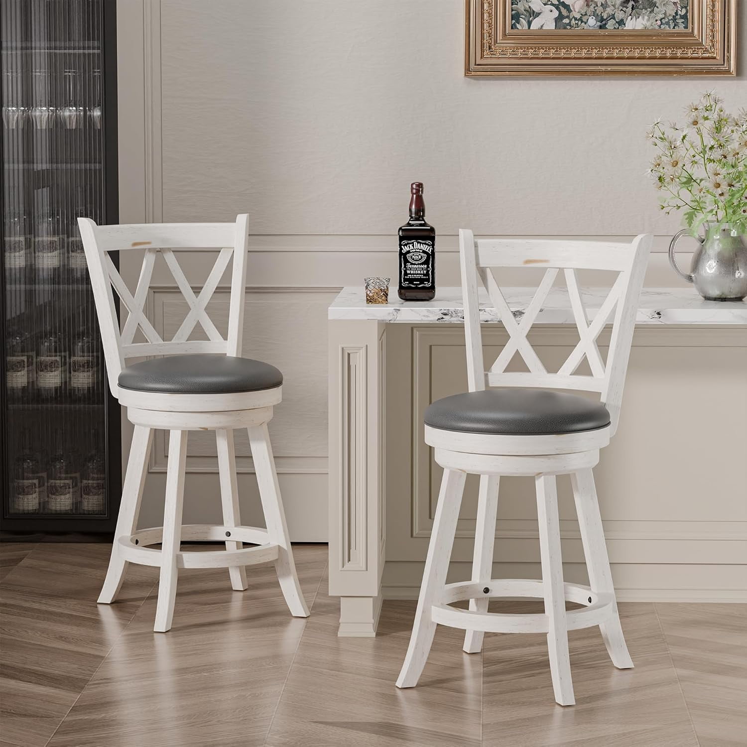 Bar Stools Set of 2, 360 Degree Swivel Counter Height Bar Chairs with X ...