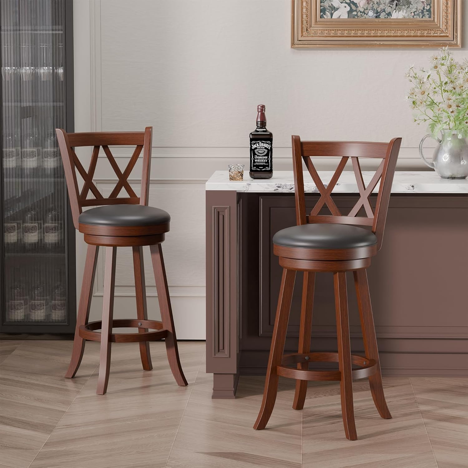 Bar Stools Set of 2, 360 Degree Swivel Counter Height Bar Chairs with X ...