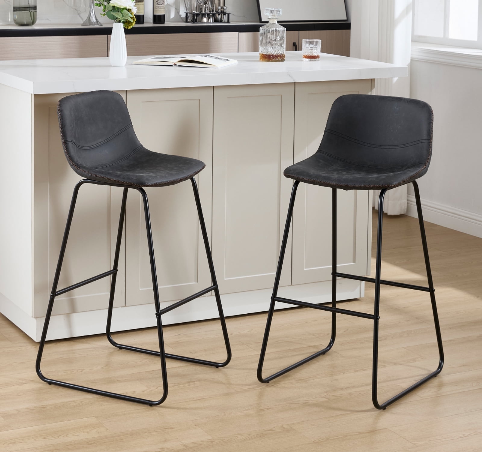 E-motie Bar Stools Set of 2, Ergonomic Backrest and Metal Footrest ...