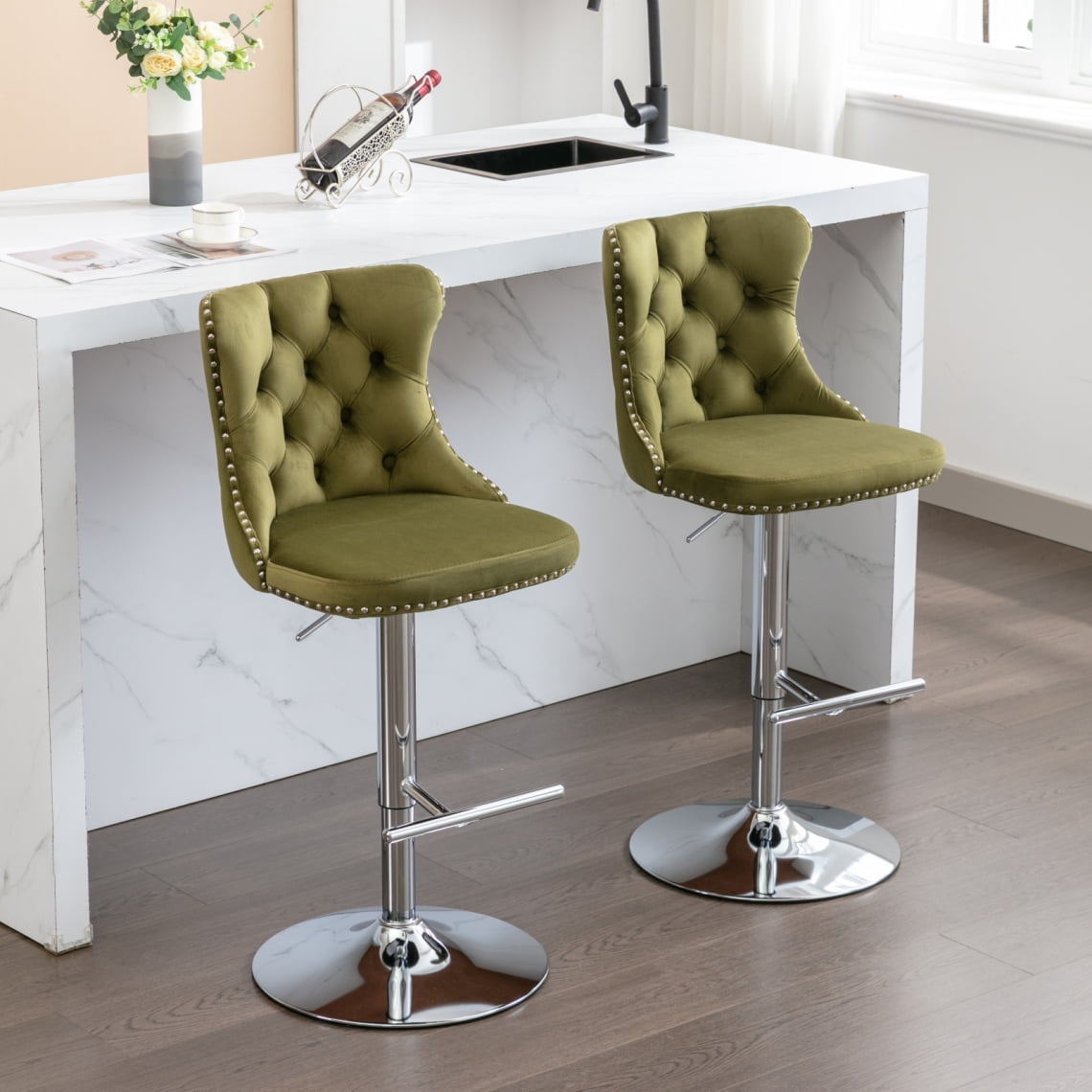 Bar Stools Set of 2, Adjustable Counter Height Barstools with Nailheads ...
