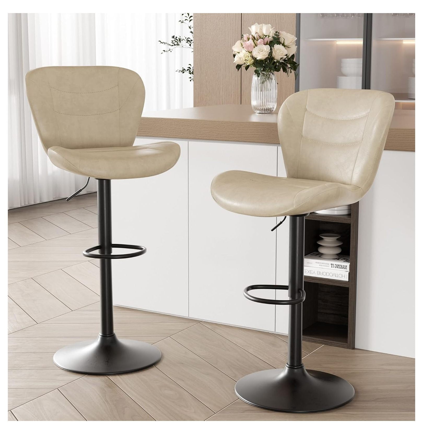Bar Stools Set of 2, Adjustable Swivel Barstools with Back, Modern Faux ...